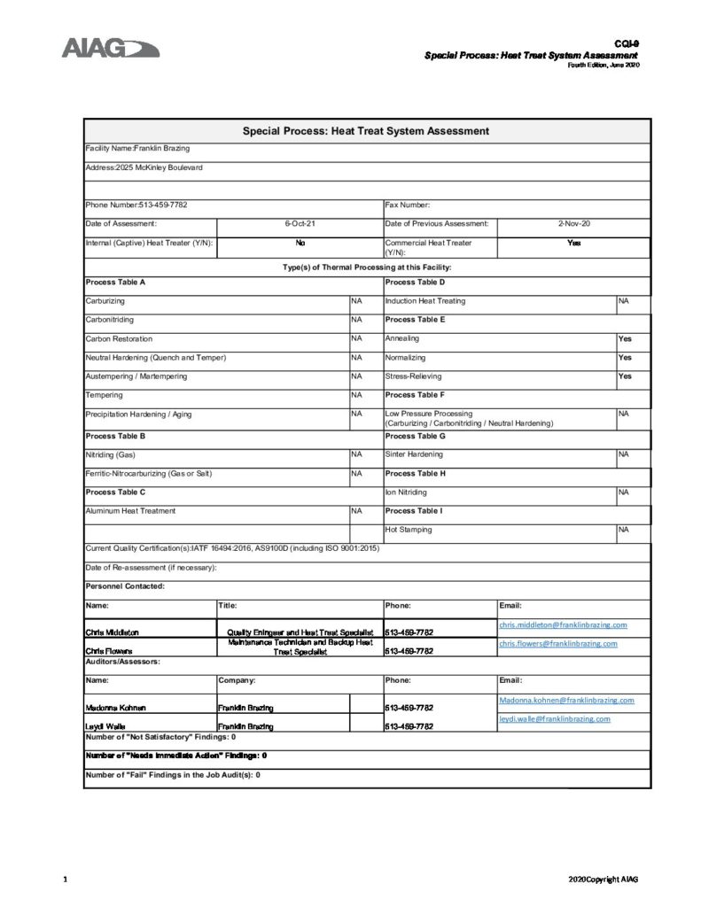 Certifications - Franklin Brazing & Metal Treating