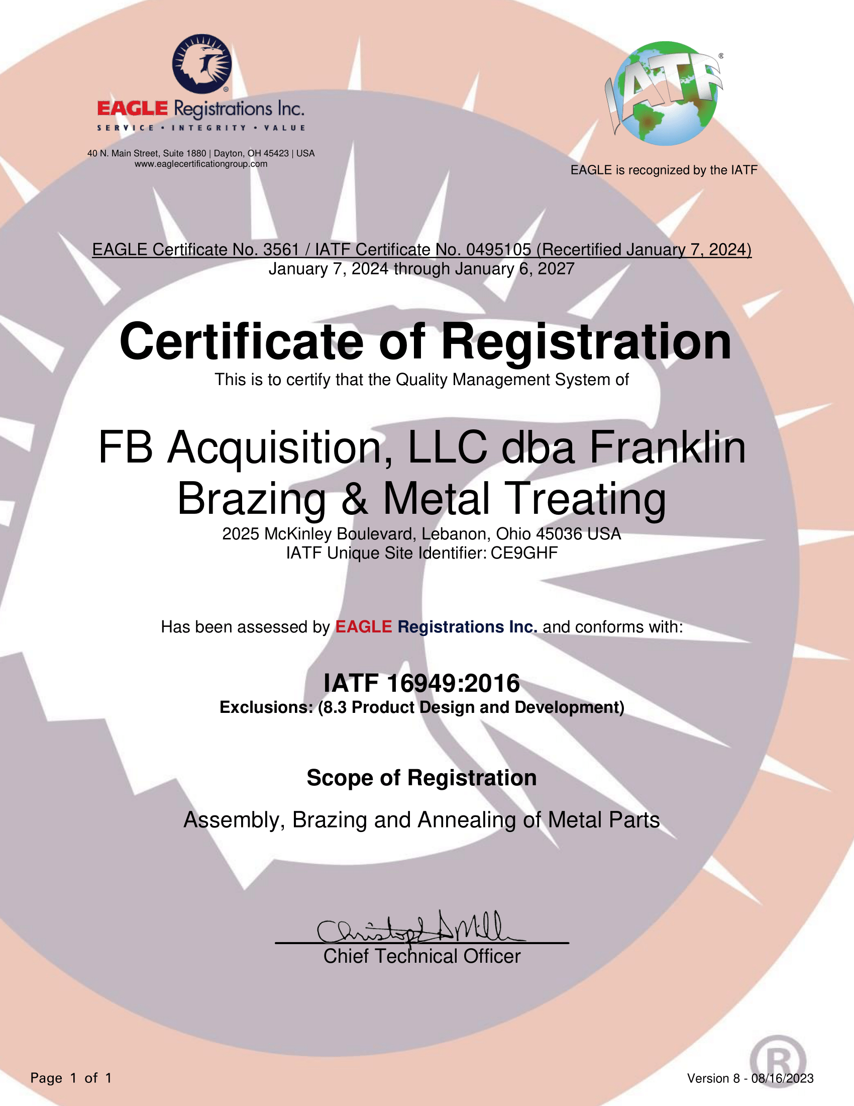 Certifications | Franklin Brazing & Metal Treating
